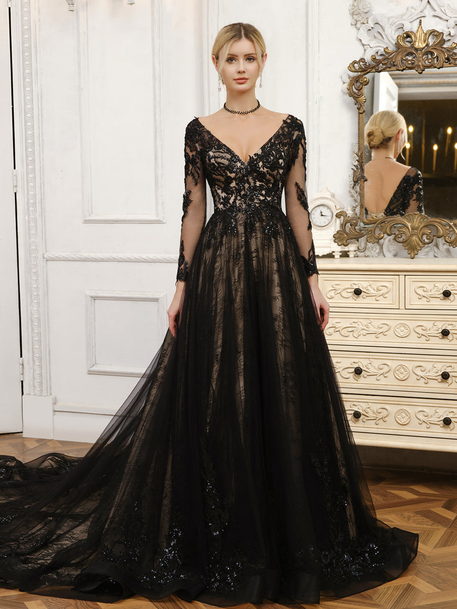 Robes de mariée en tulle à manches longues et col en V avec perles et – Lavetir FR